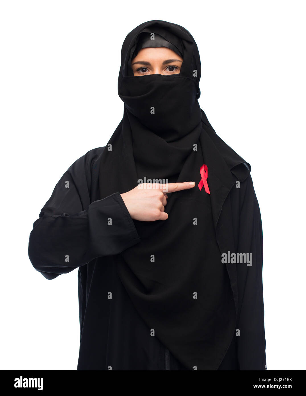 muslim woman in hijab with red awareness ribbon Stock Photo - Alamy