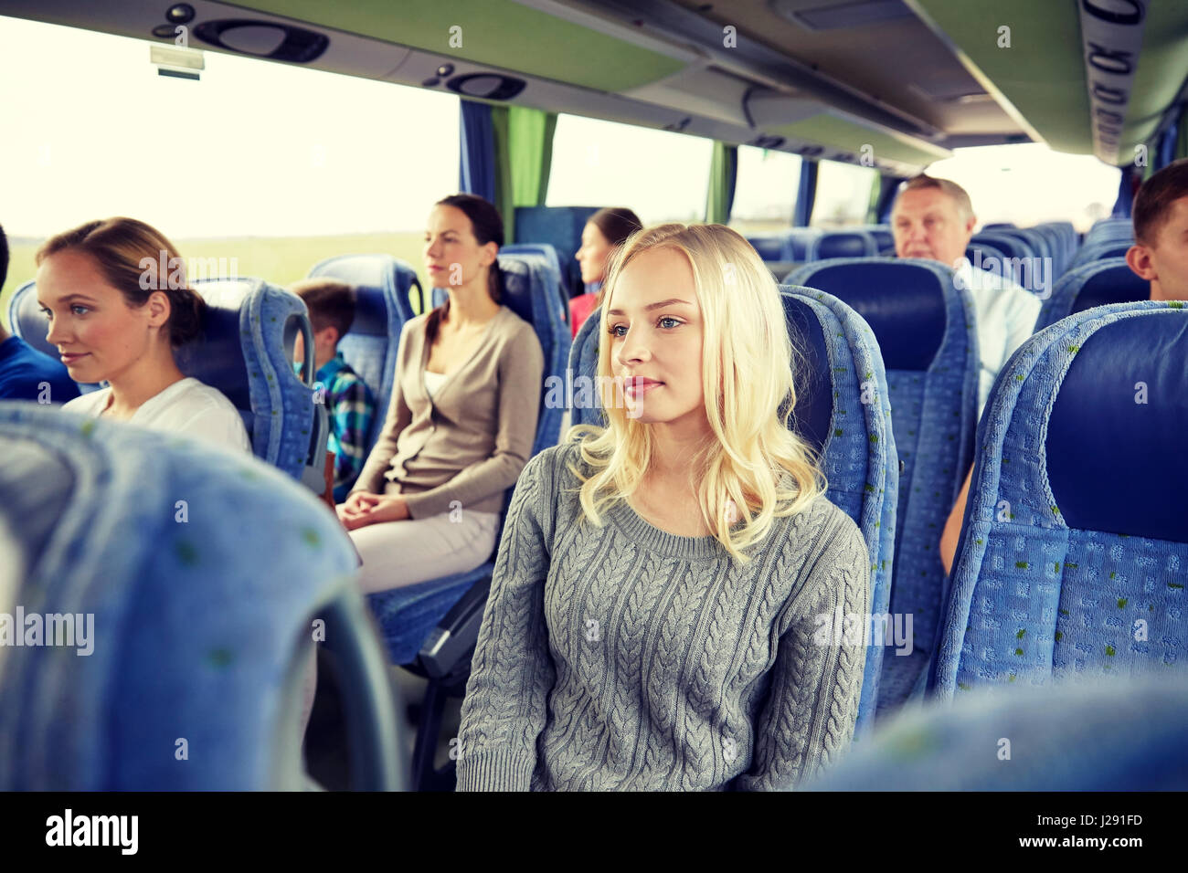 group of passengers or tourists in travel bus Stock Photo - Alamy