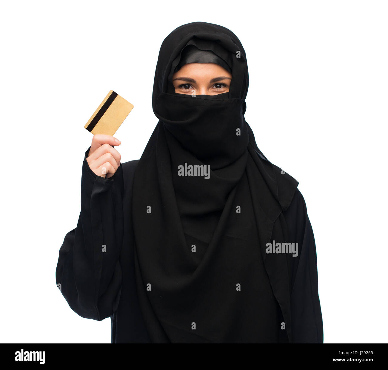 muslim woman in hijab with credit card over white Stock Photo - Alamy