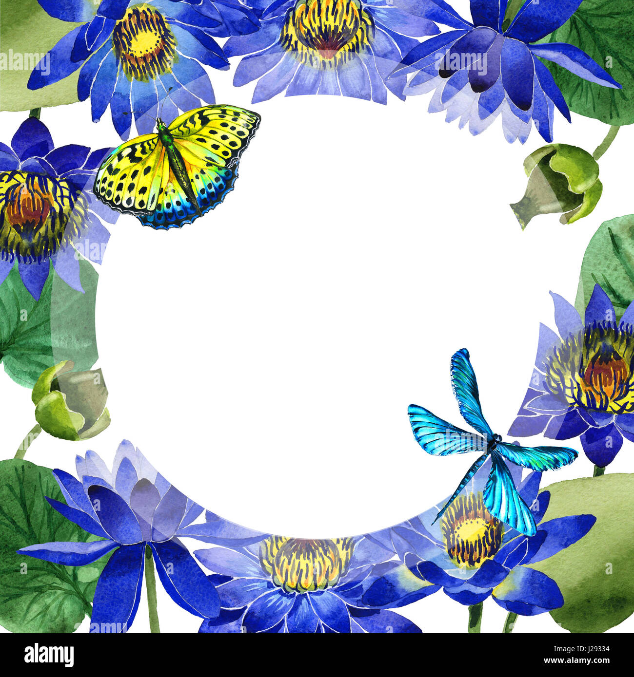 Wildflower blue lotus flower frame in a watercolor style isolated. Full ...
