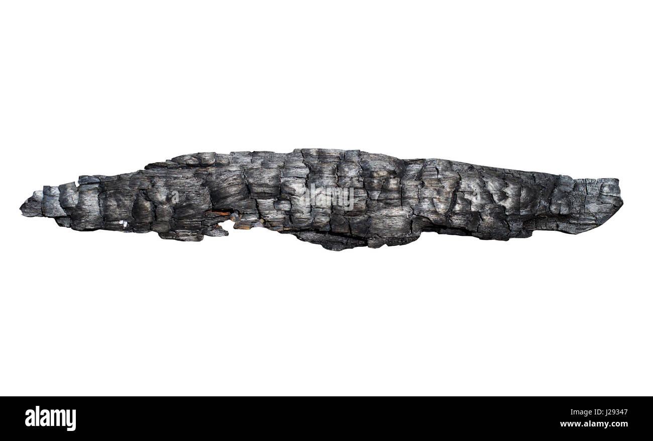 front view of burnt charred wooden log isolated on white background ...