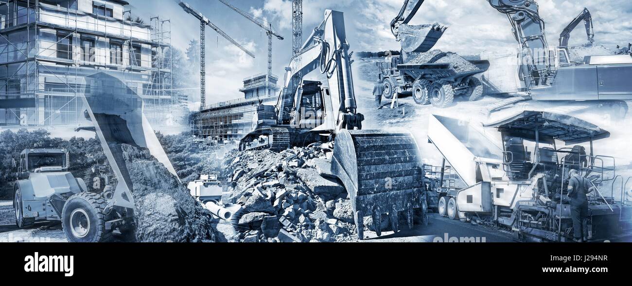 Various types of construction machinery with construction sites and ...