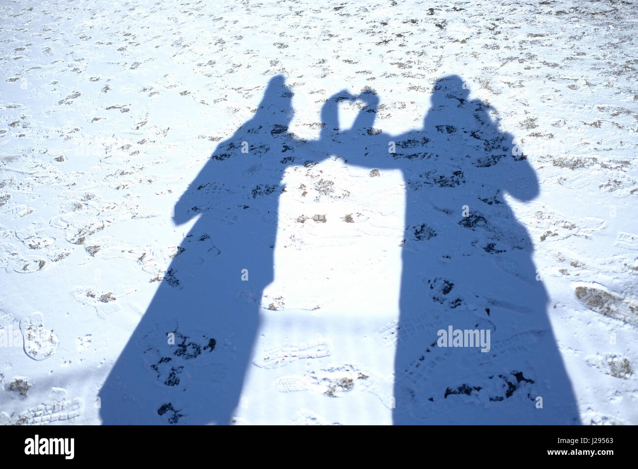 Silhouettes of the shadow of two people on a snow-covered lawn ...