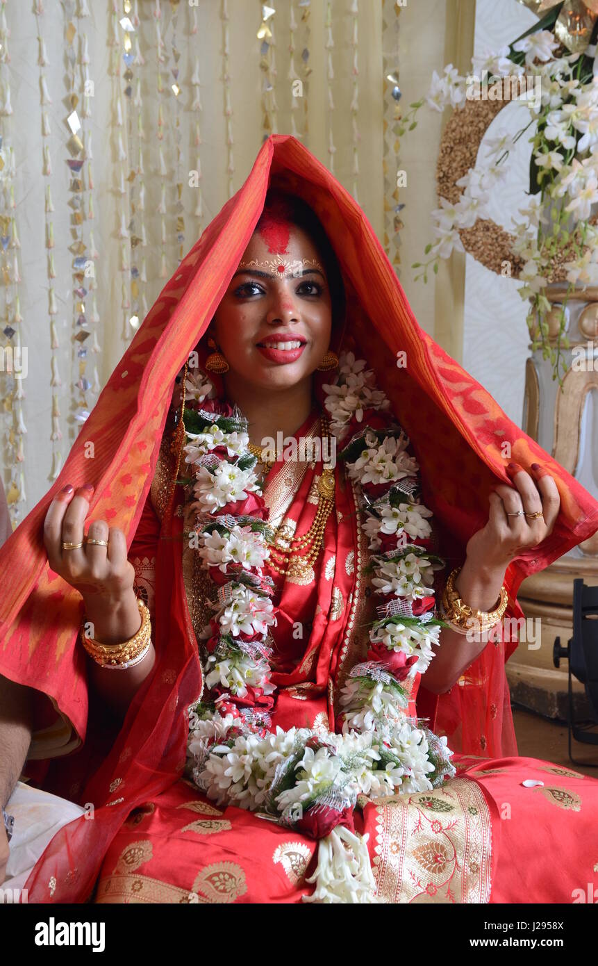 Portrait of a bride after vermilion applied (a symbol of marriage worn ...