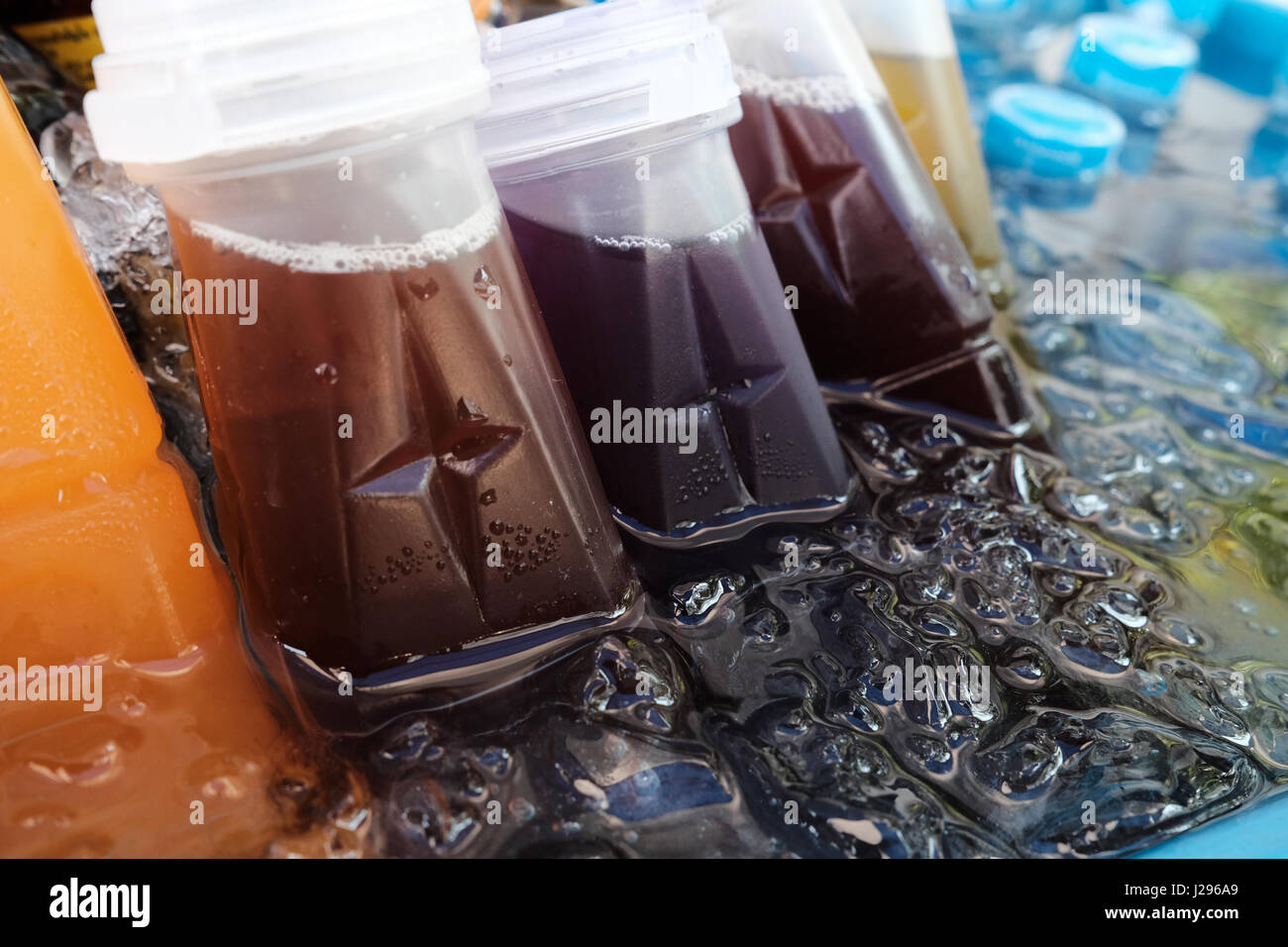 cold drinks for sale at a local food market, in Bangkok. (Selective ...