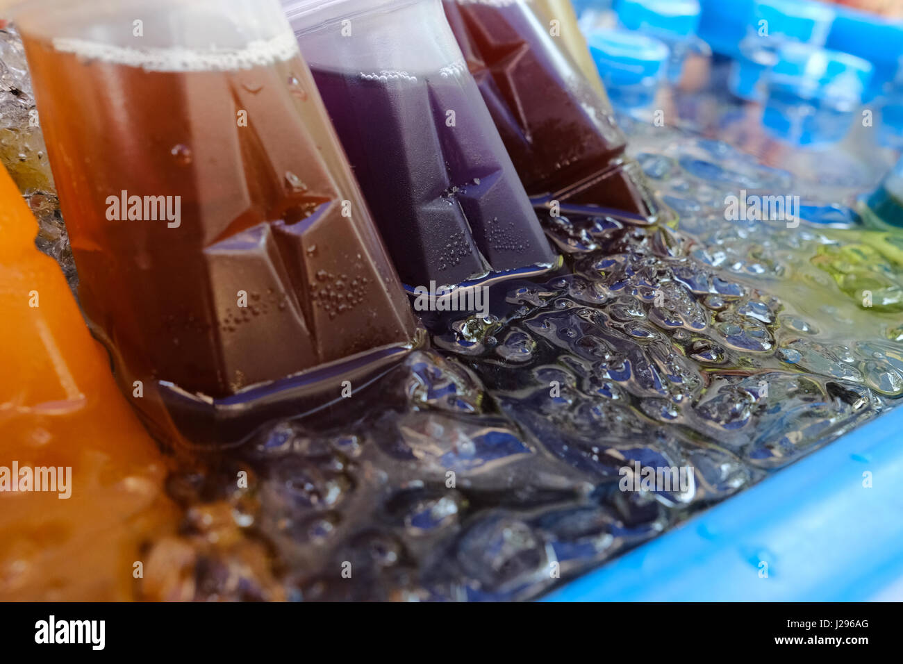 cold drinks for sale at a local food market, in Bangkok. (Selective ...
