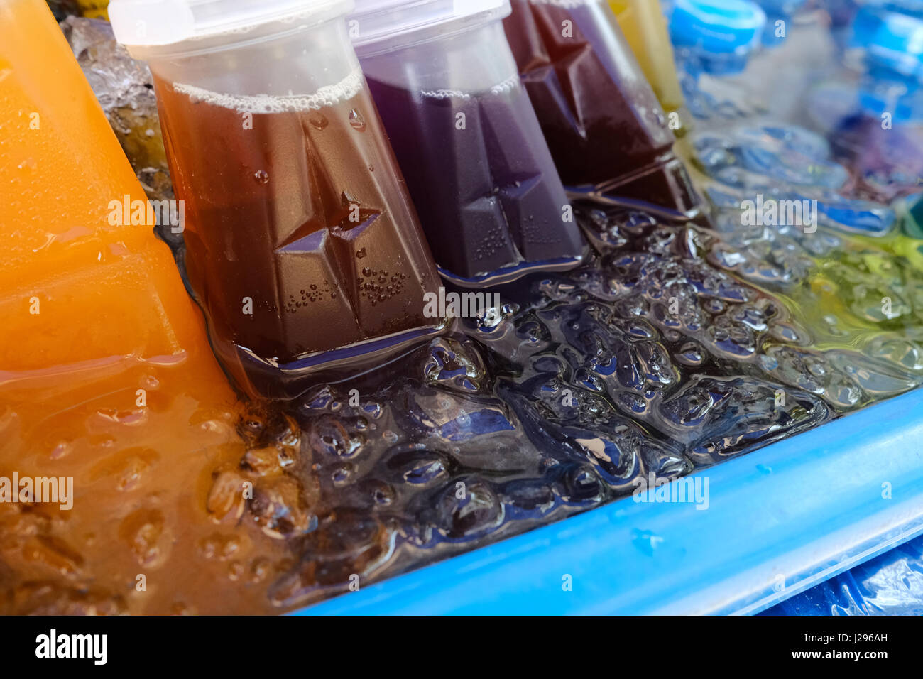 cold drinks for sale at a local food market, in Bangkok. (Selective ...