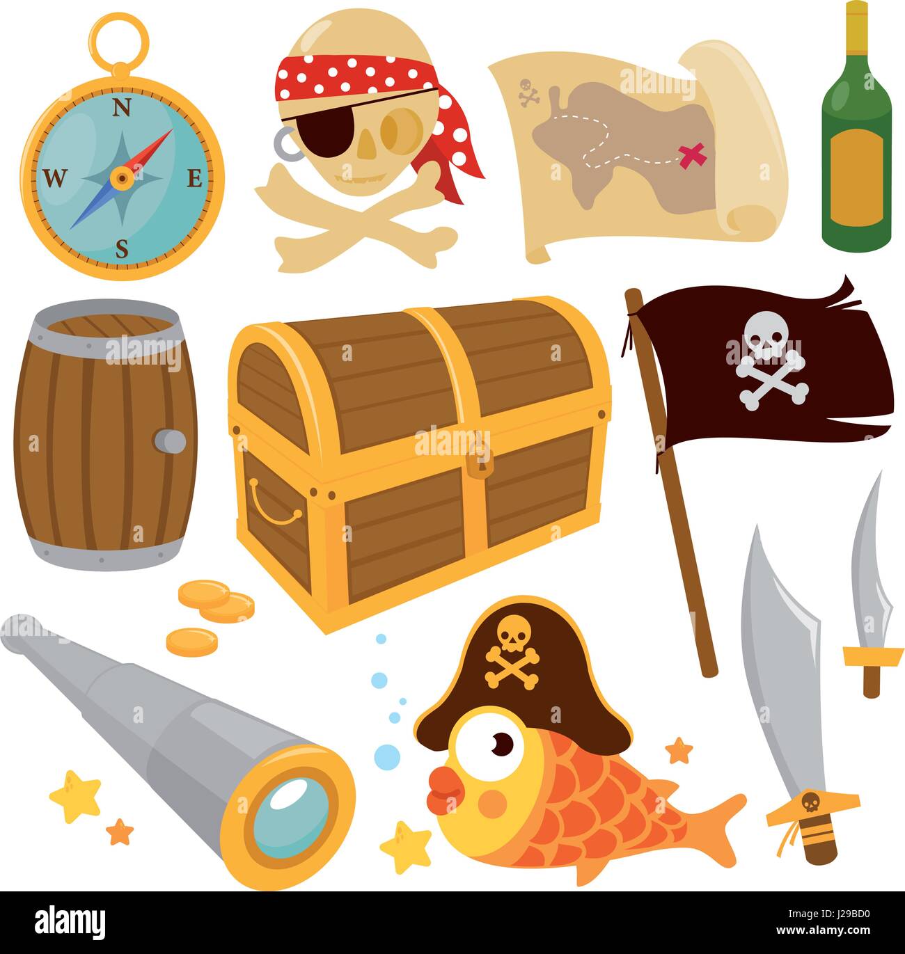Pirate cartoon object collection. Ship adventure for pirates in the sea ...