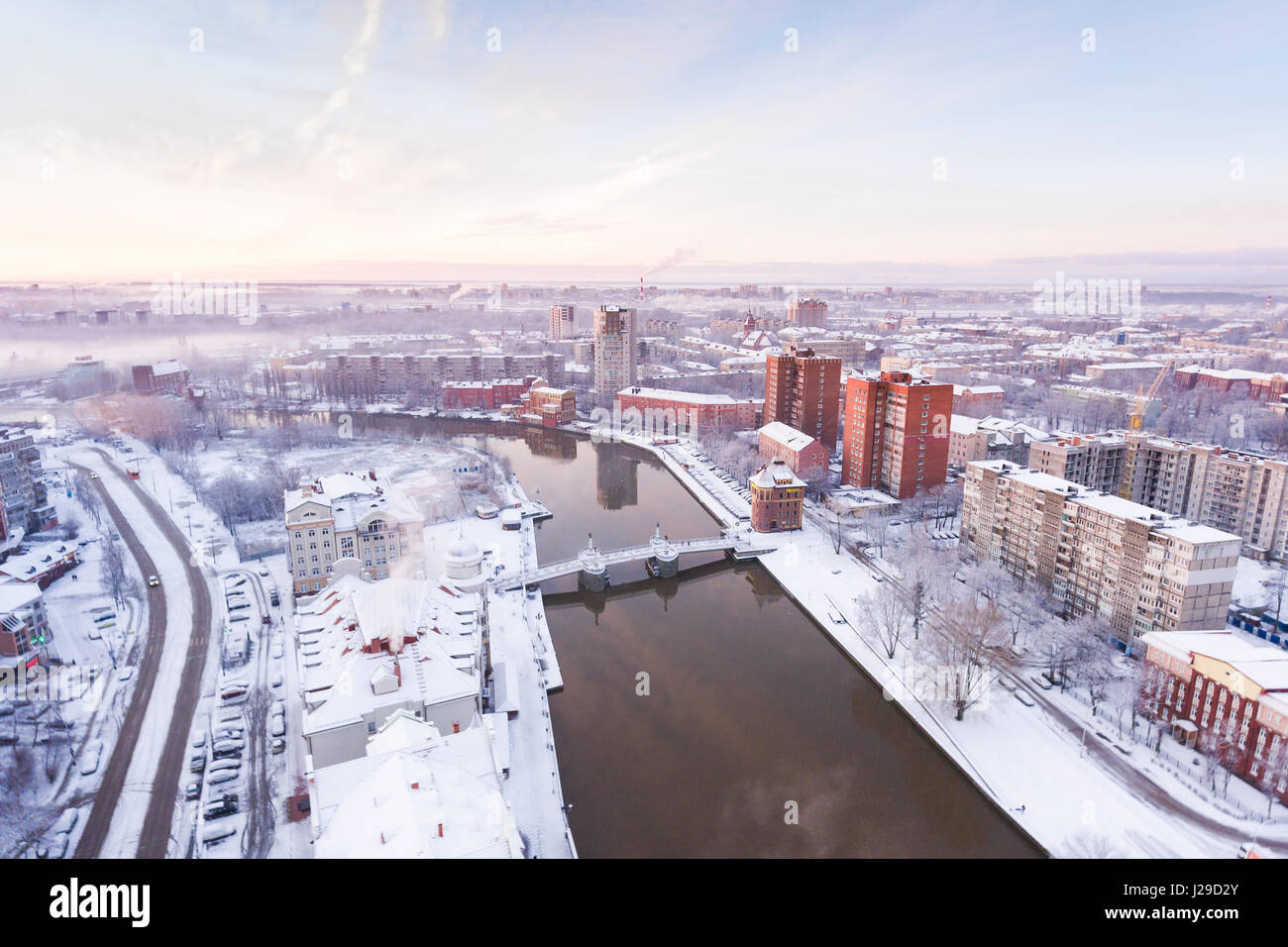 The Fishing Village in Kaliningrad in the early morning in winter, view ...