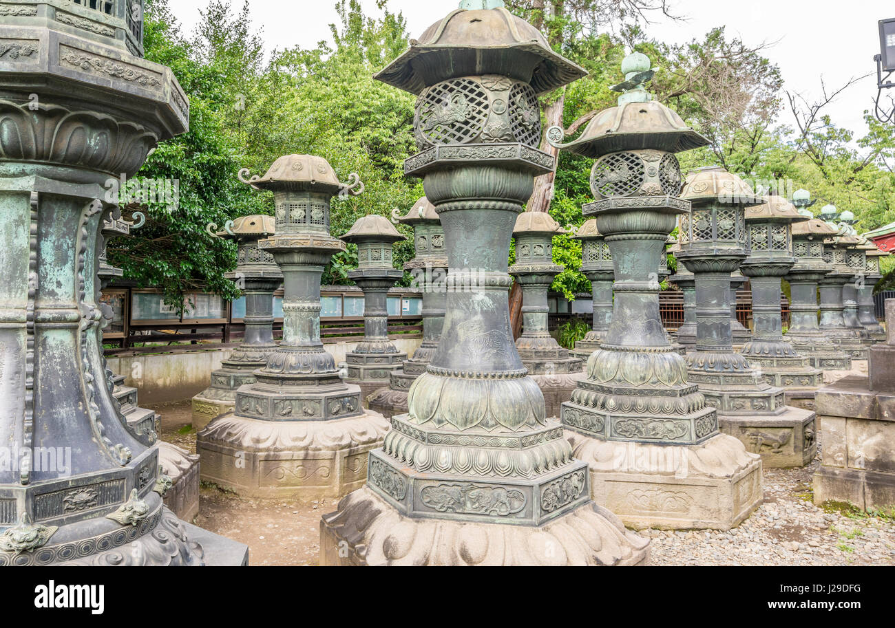 Large group of japanese traditional lanterns or light towers (Toro, dai ...