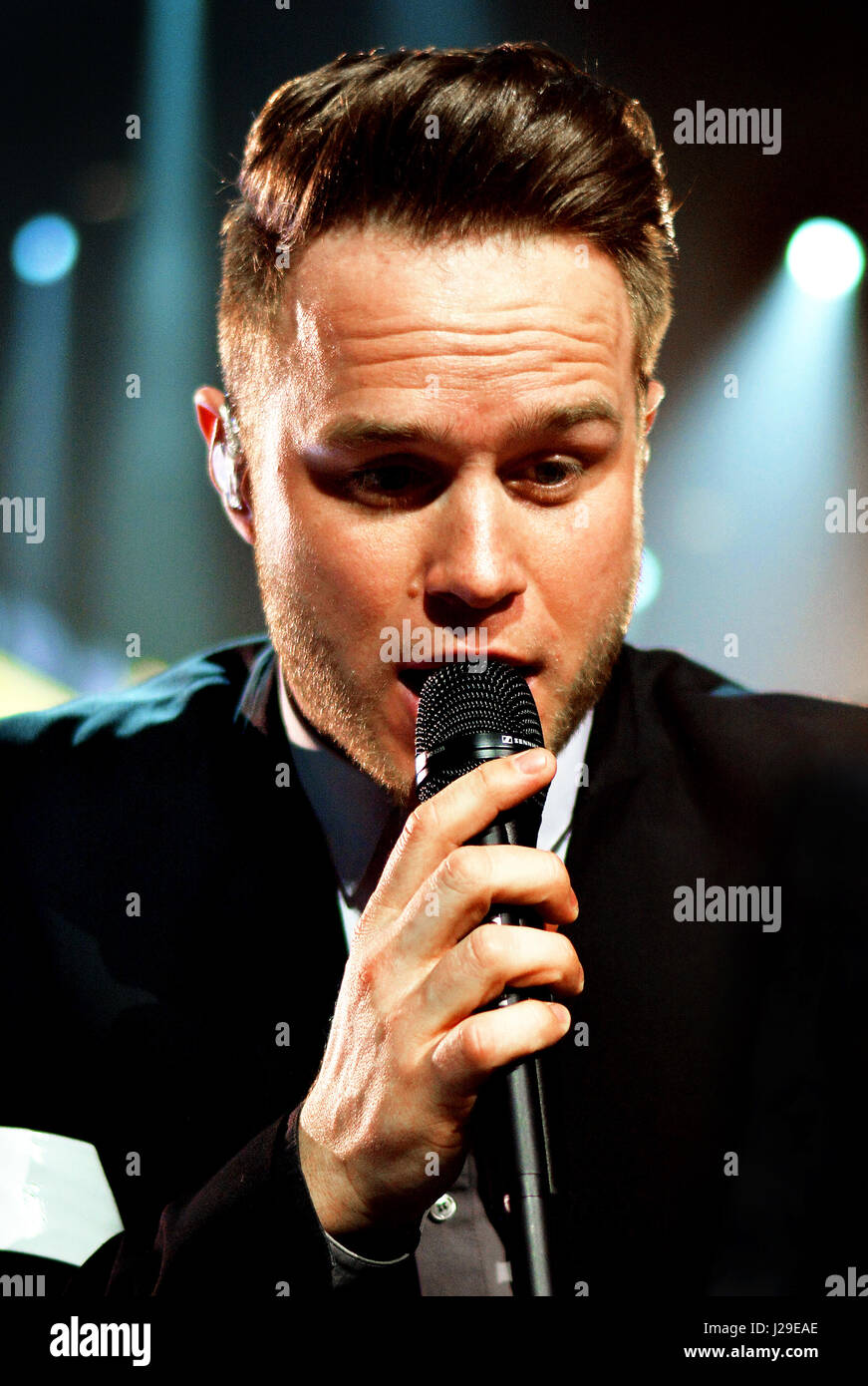 Pop star performing celebrity music on stage singing microphone hi-res ...