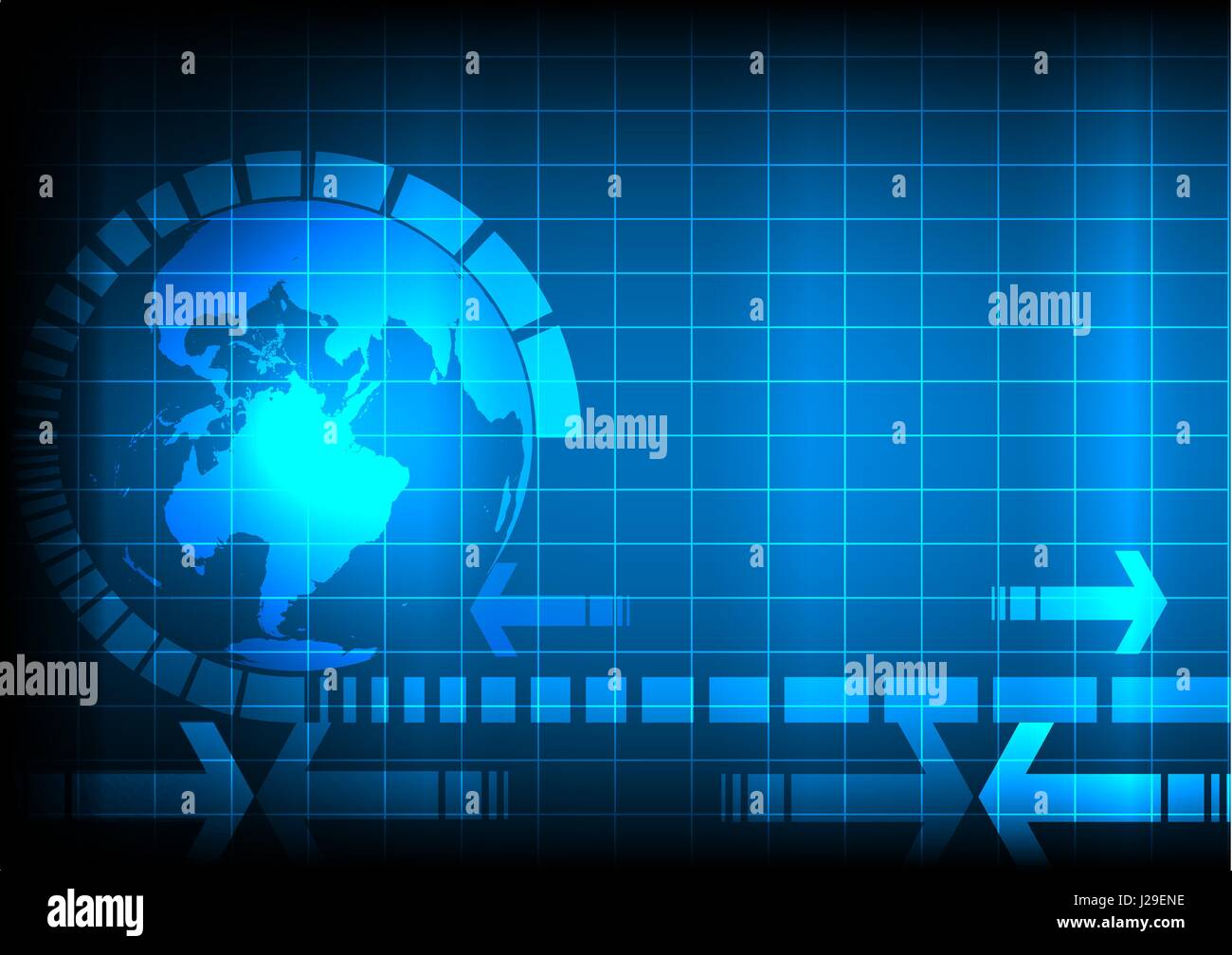 abstract vector world map with grid and arrow on background blue ...