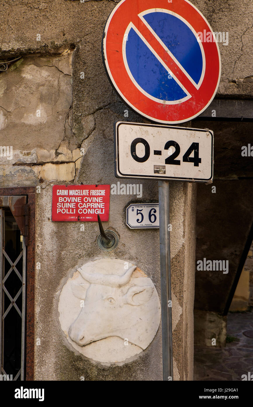 GUARDISTALLO, Pisa, Italy - Marble bas-relief of a cow's head symbol of ...