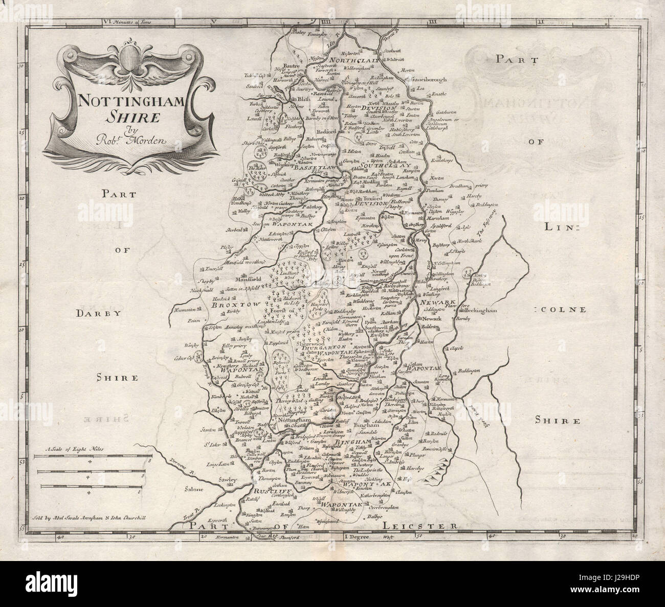 NOTTINGHAMSHIRE. by ROBERT MORDEN from Camden's Britannia 1722 old ...