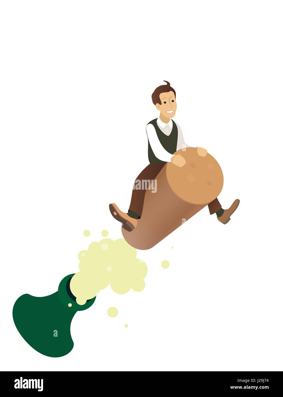 vintage funny concept - a man flying on the cork from a champagne ...