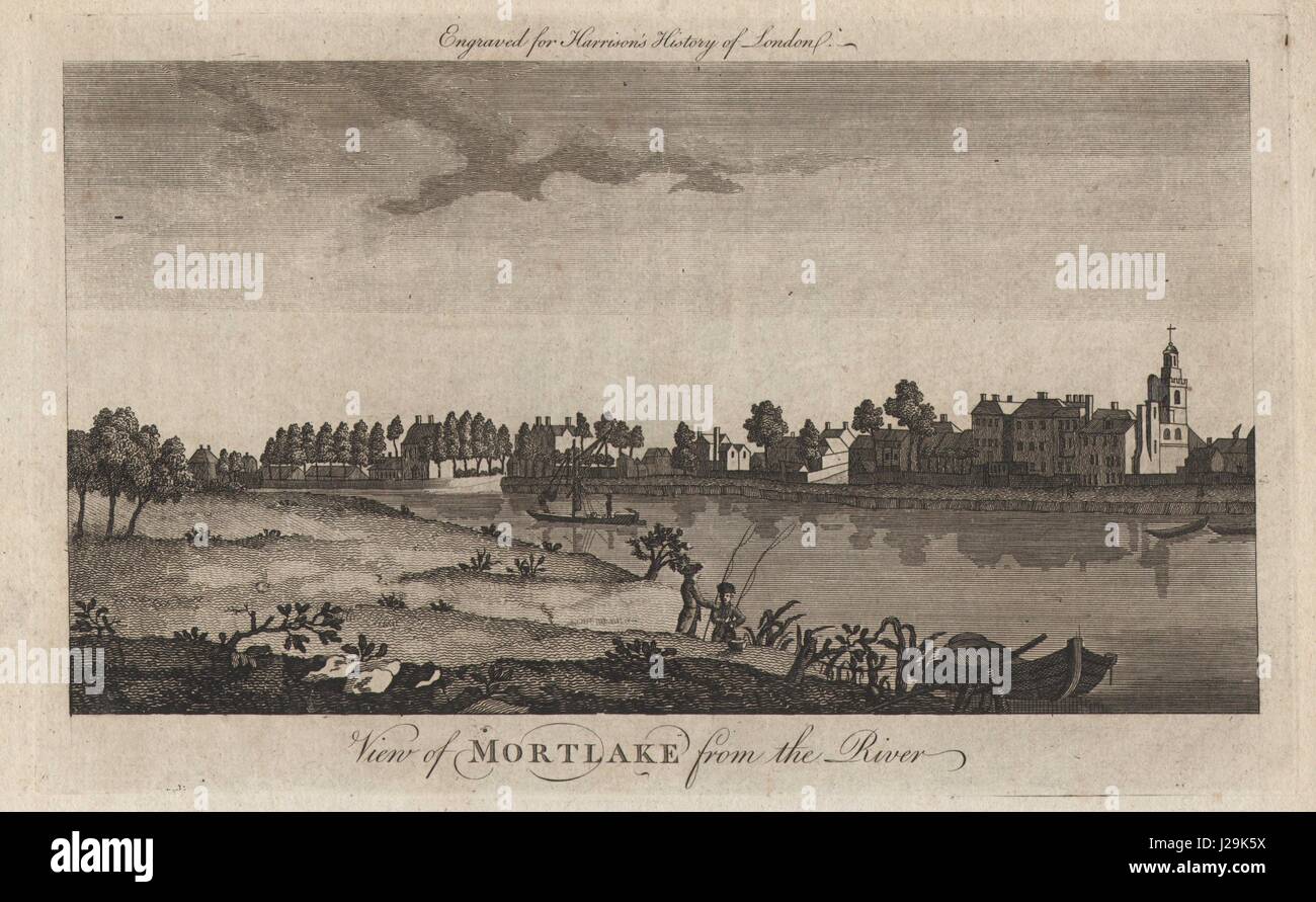 "View of Mortlake from the river". London. HARRISON 1776 old antique ...