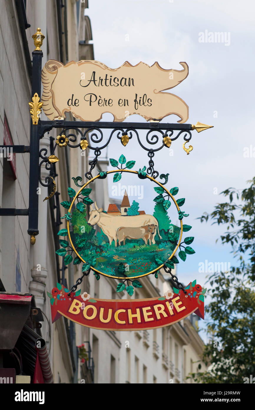 France, Paris, 3th district, rue de Bretagne, sign of a butcher Stock ...