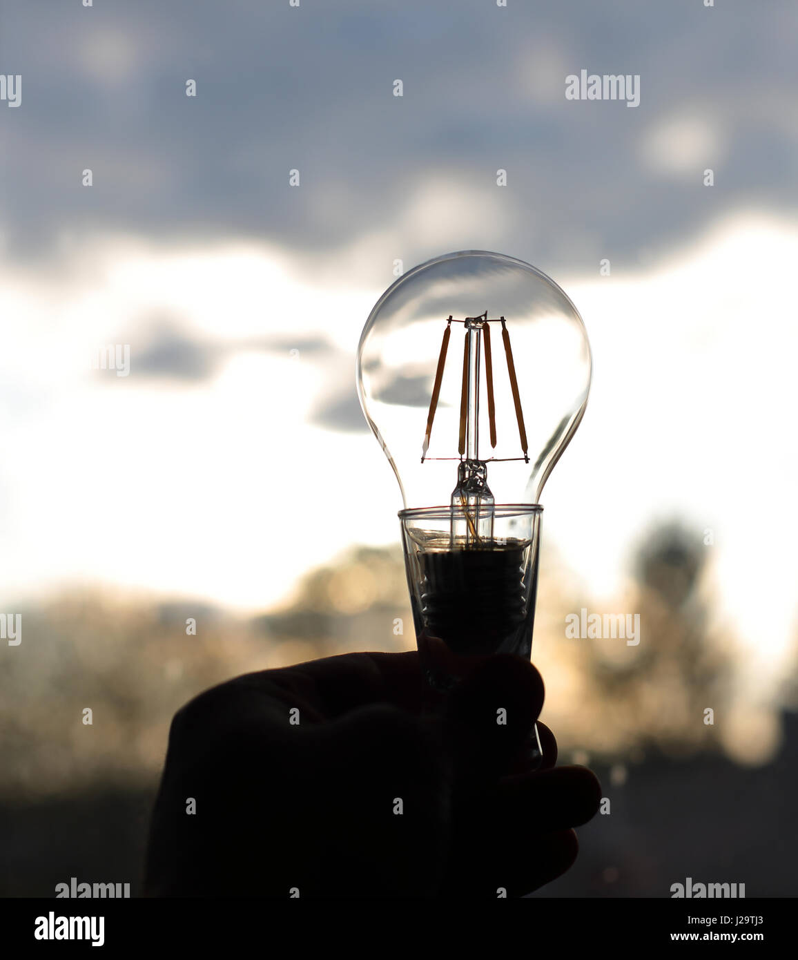 Energy light bulb from sunset on hand concept Stock Photo - Alamy