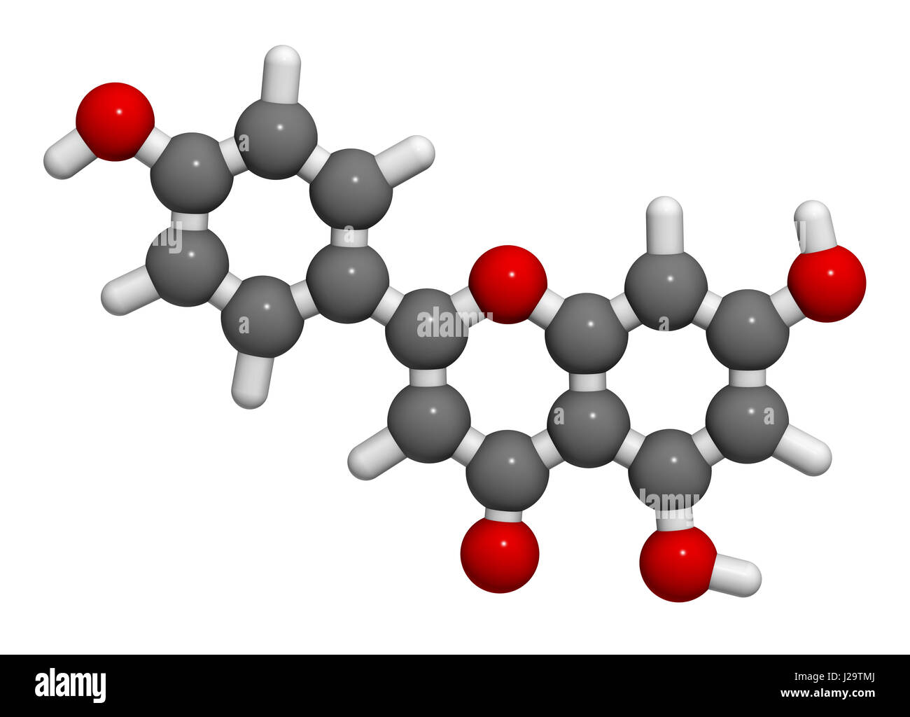 Apigenin yellow herbal dye molecule. 3D rendering. Atoms are ...