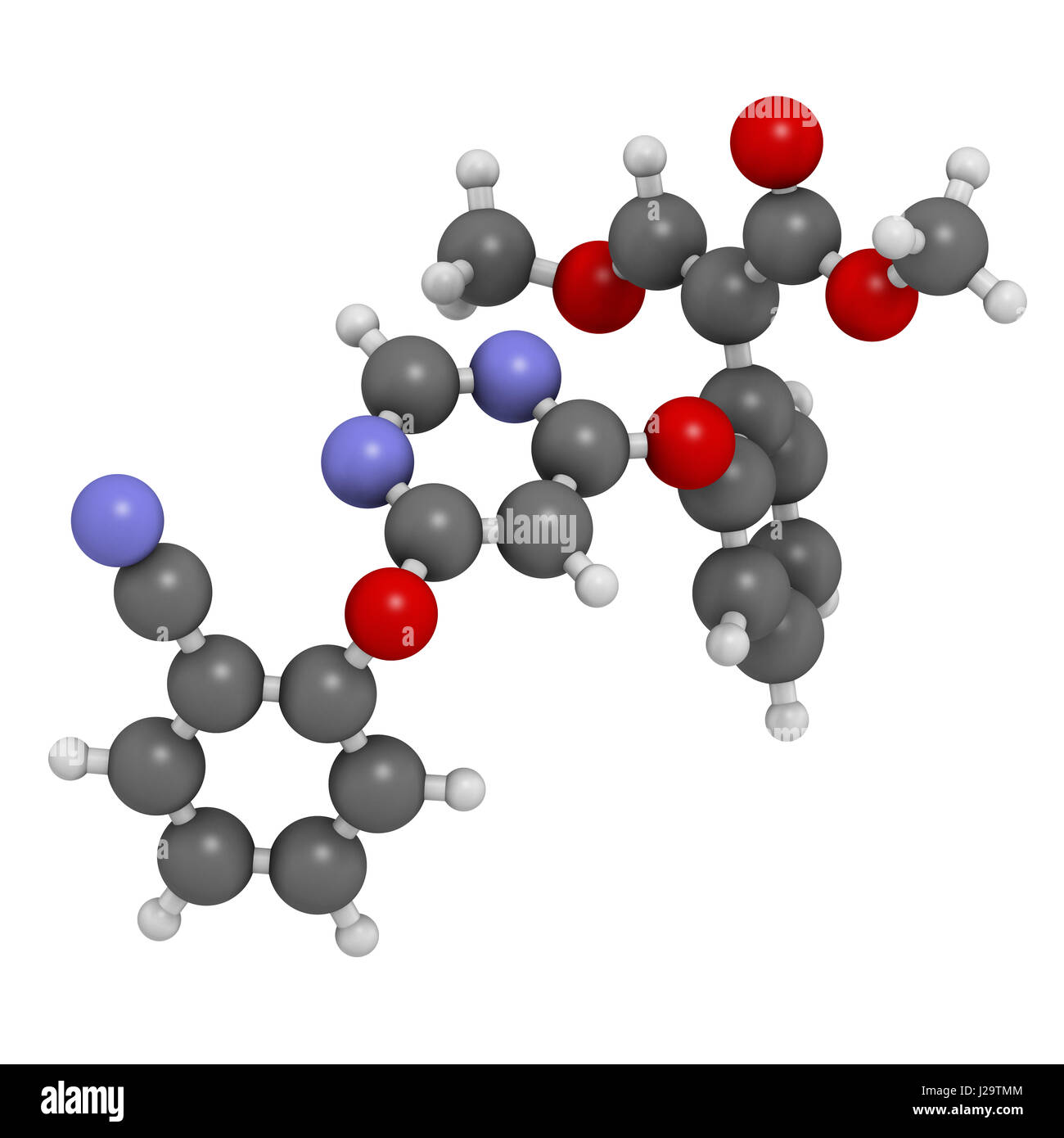 Azoxystrobin fungicide molecule. 3D rendering. Atoms are represented as ...