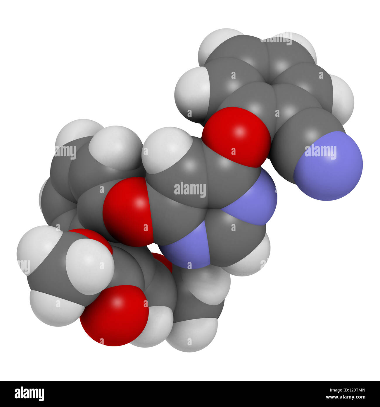 Azoxystrobin fungicide molecule. 3D rendering. Atoms are represented as ...
