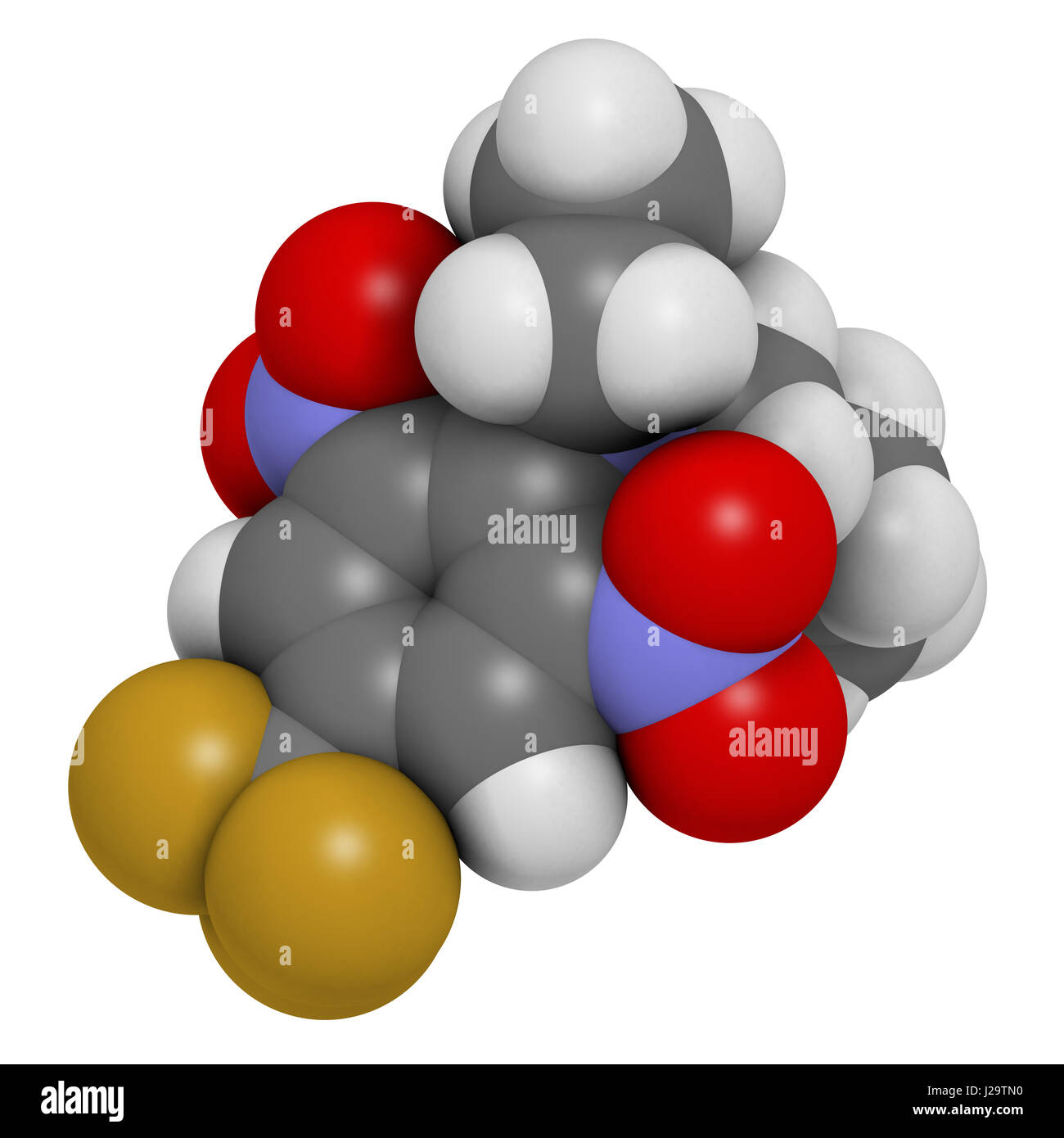 Benfluralin herbicide molecule. 3D rendering. Atoms are represented as ...