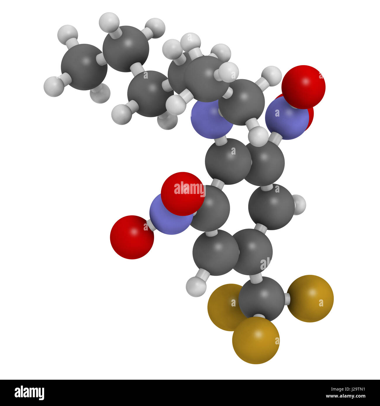 Benfluralin herbicide molecule. 3D rendering. Atoms are represented as ...