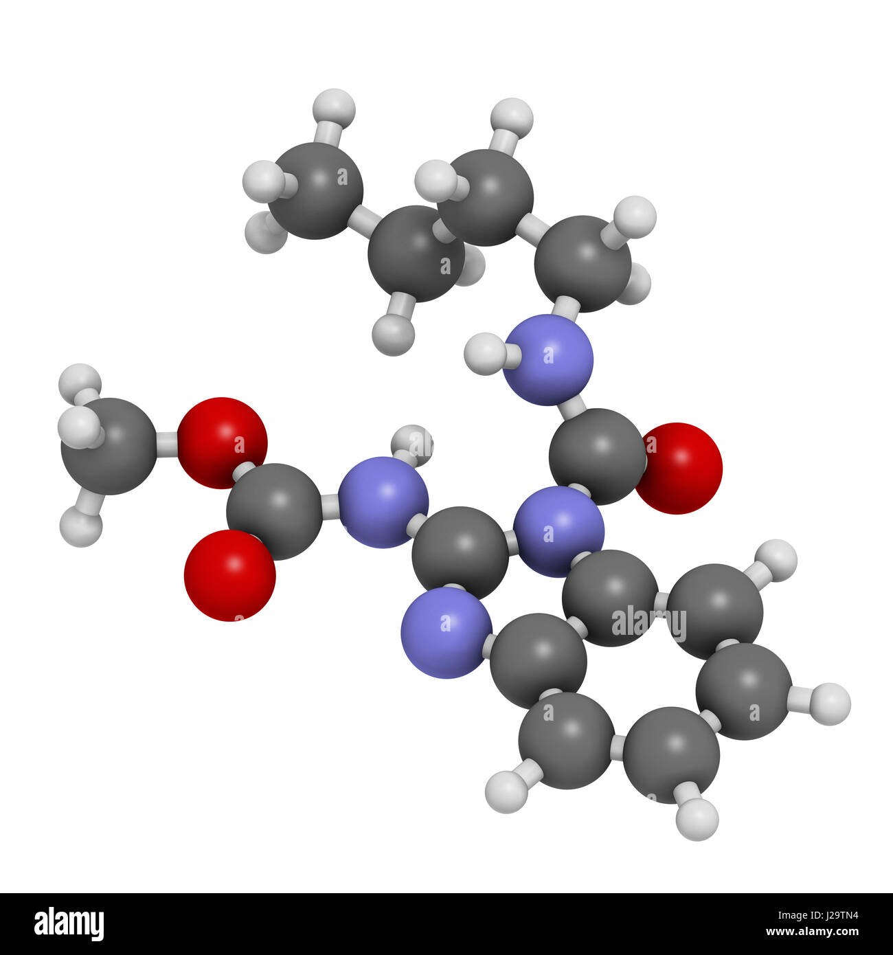 Benomyl fungicide molecule. 3D rendering. Atoms are represented as ...