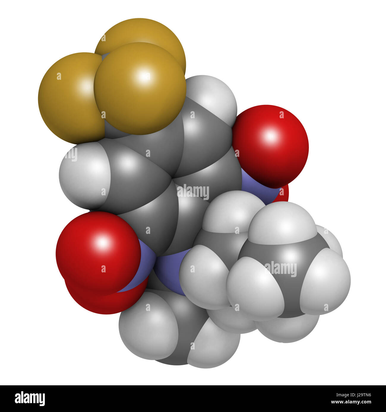 Benfluralin herbicide molecule. 3D rendering. Atoms are represented as ...