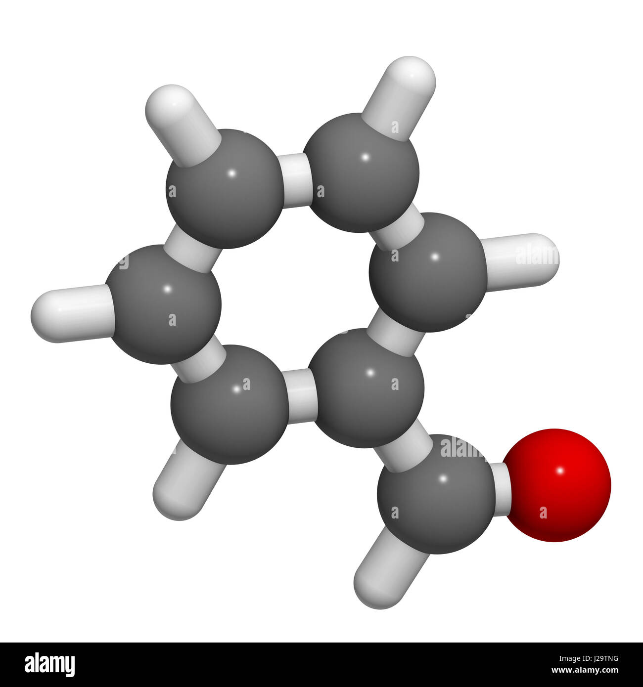 Benzaldehyde bitter almond odor molecule. 3D rendering. Atoms are ...