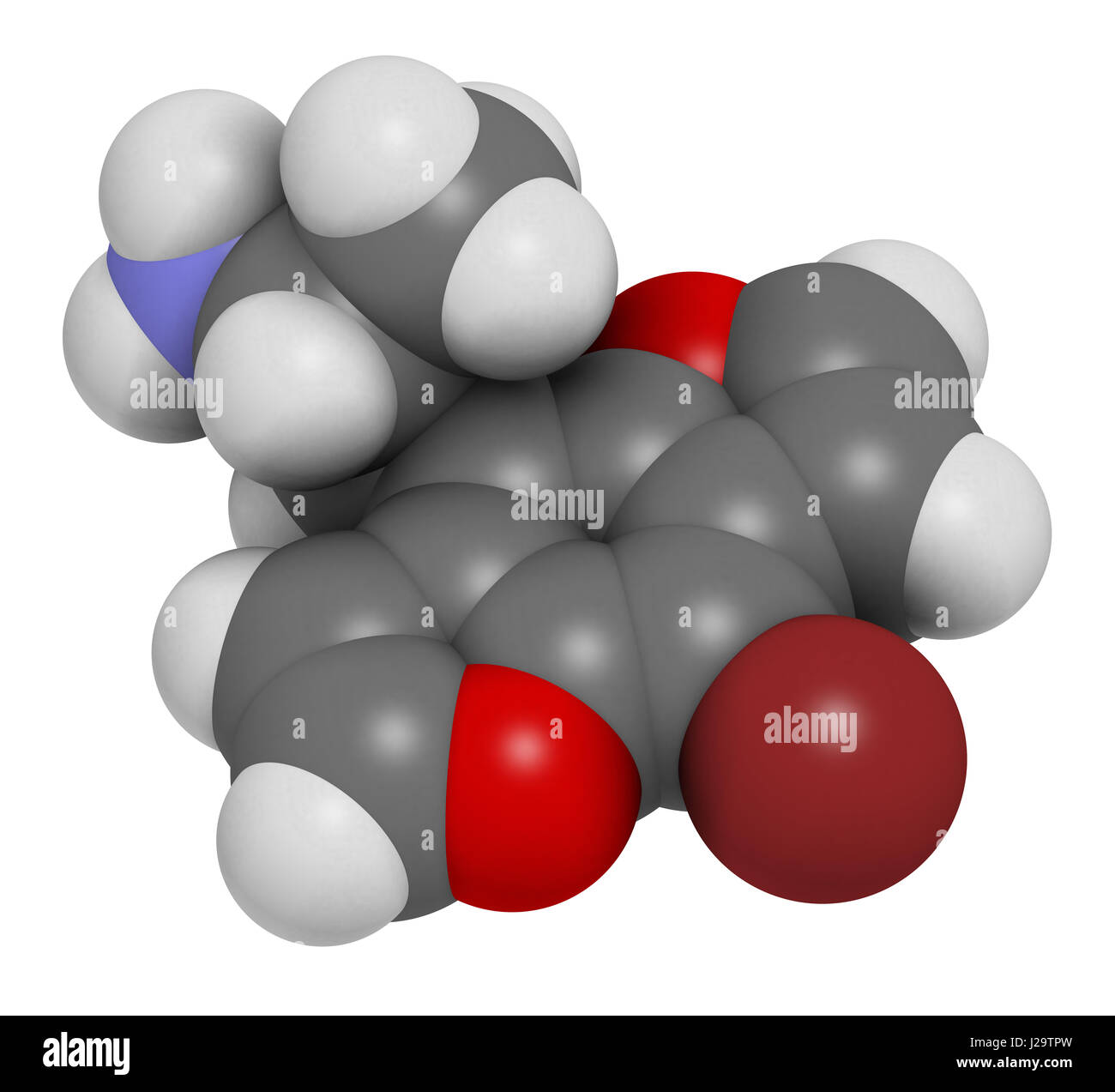 Bromo-dragonFLY hallucinogenic drug molecule. 3D rendering. Atoms are ...