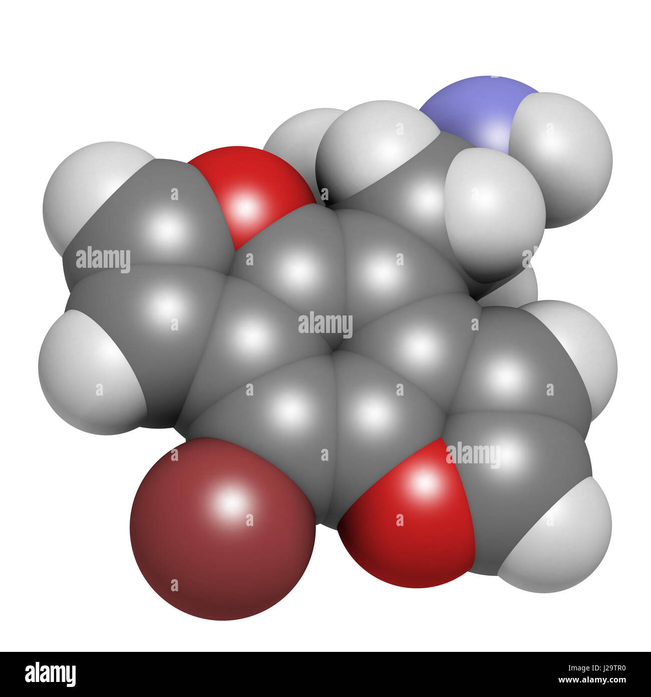 Bromo-dragonFLY hallucinogenic drug molecule. 3D rendering. Atoms are ...