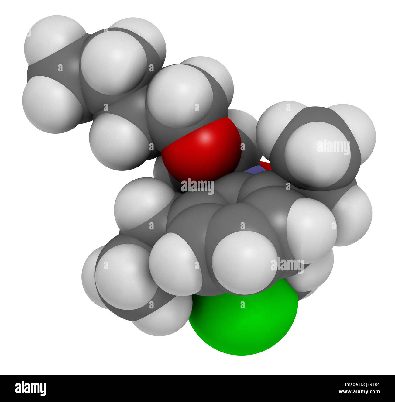 Butachlor herbicide molecule. 3D rendering. Atoms are represented as ...