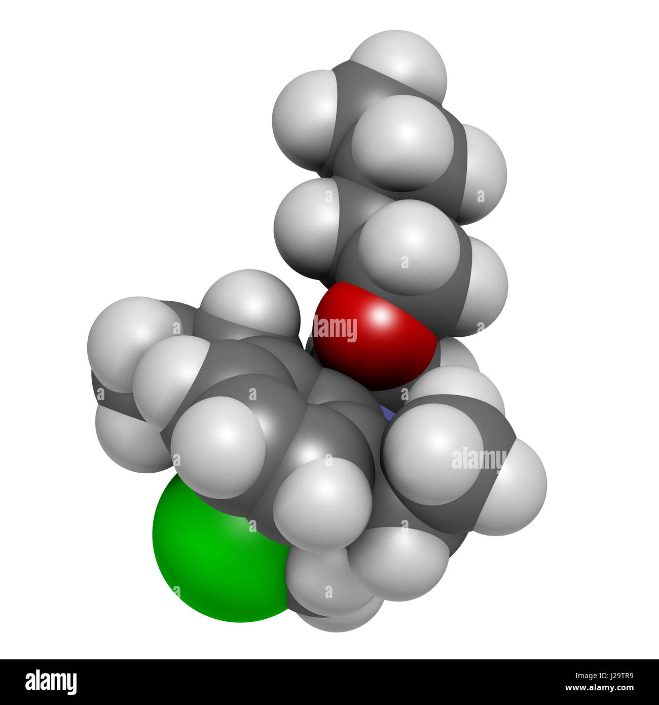 Butachlor herbicide molecule. 3D rendering. Atoms are represented as ...
