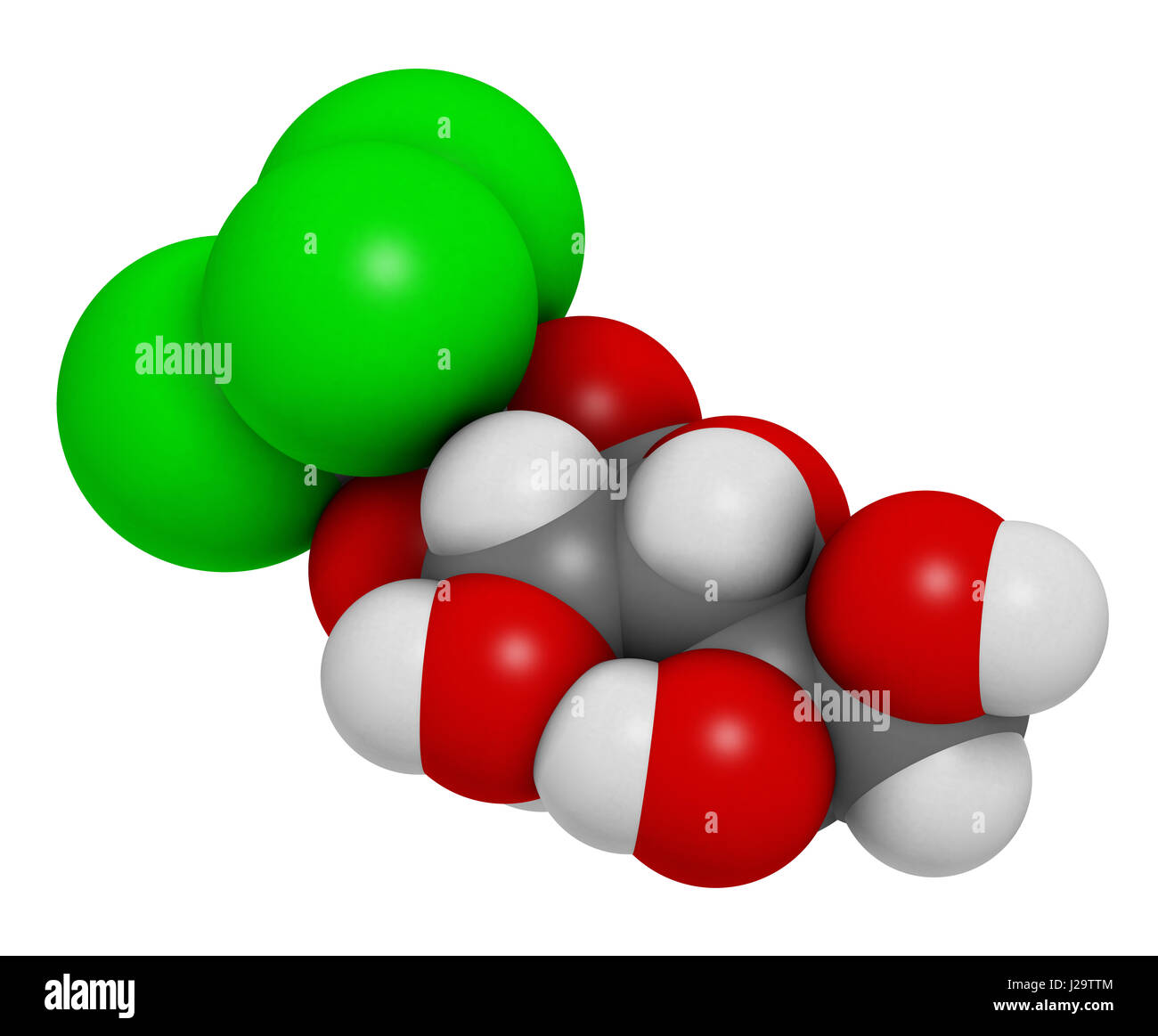 Chloralose rodenticide molecule. 3D rendering. Atoms are represented as ...