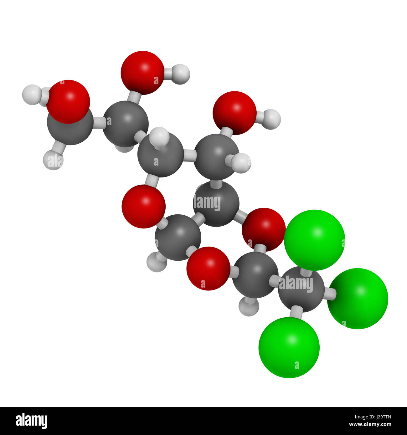 Chloralose rodenticide molecule. 3D rendering. Atoms are represented as ...