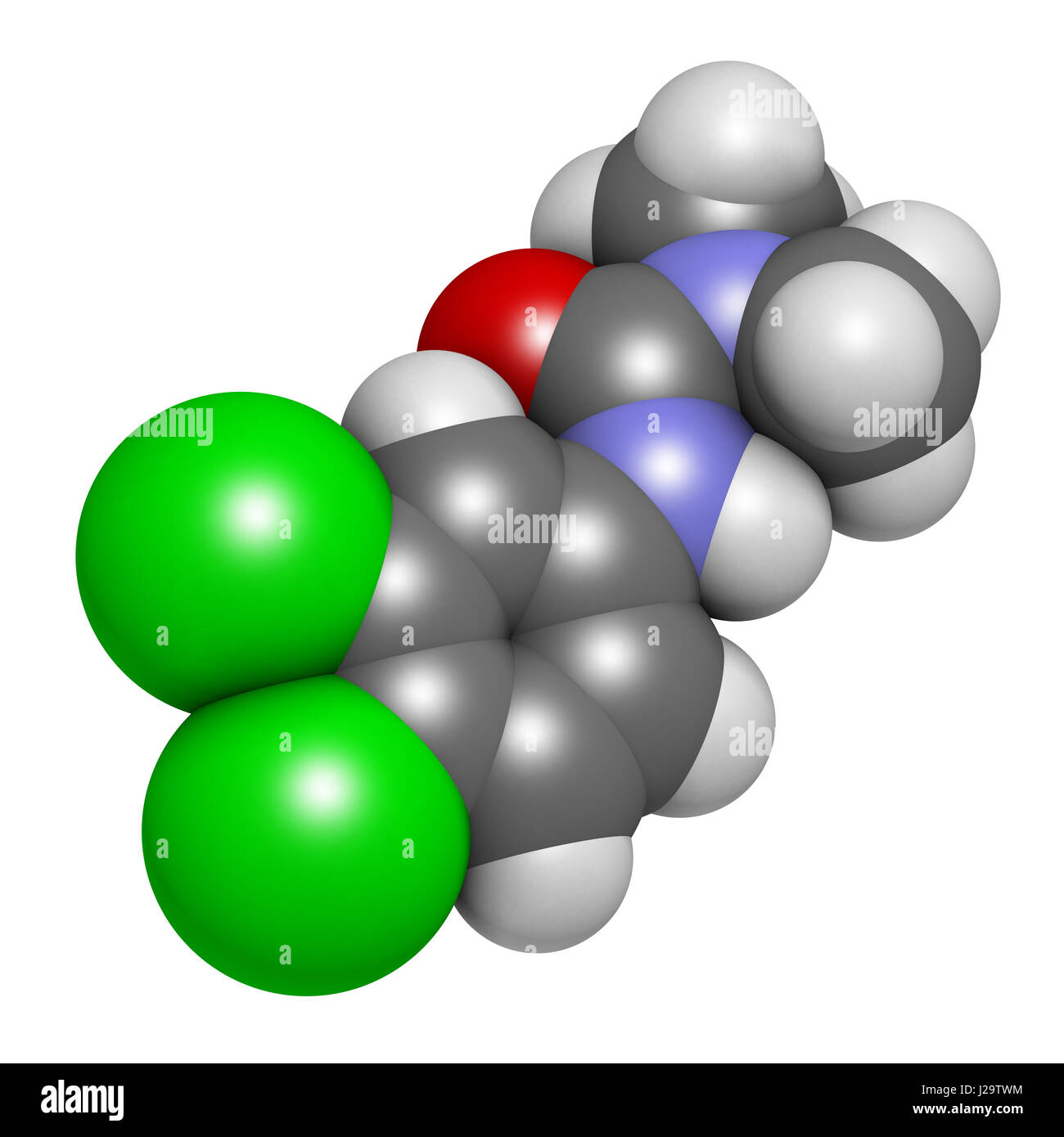Diuron (DCMU) herbicide molecule. 3D rendering. Atoms are represented ...