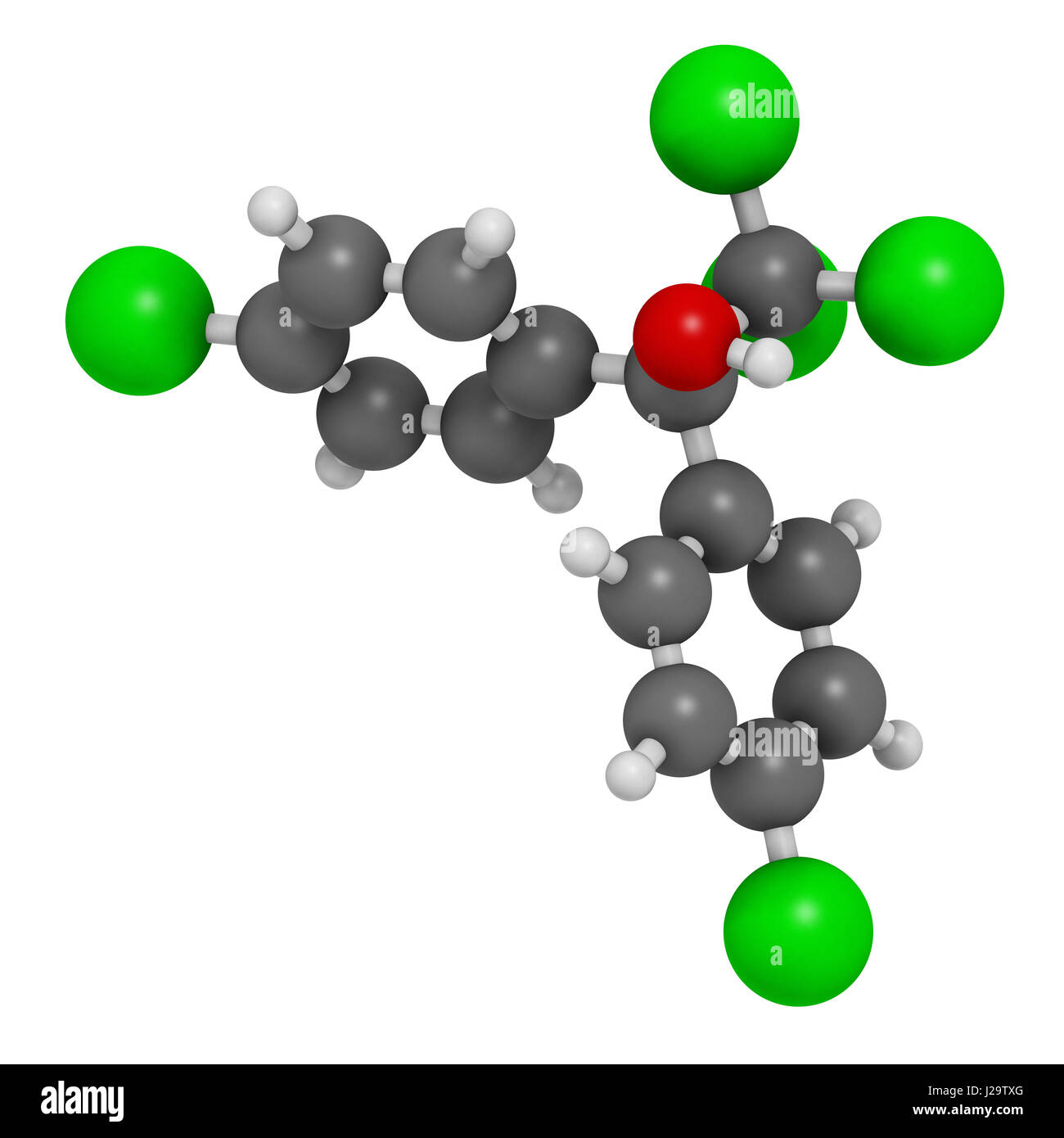 Dicofol organochlorine pesticide molecule. 3D rendering. Atoms are ...
