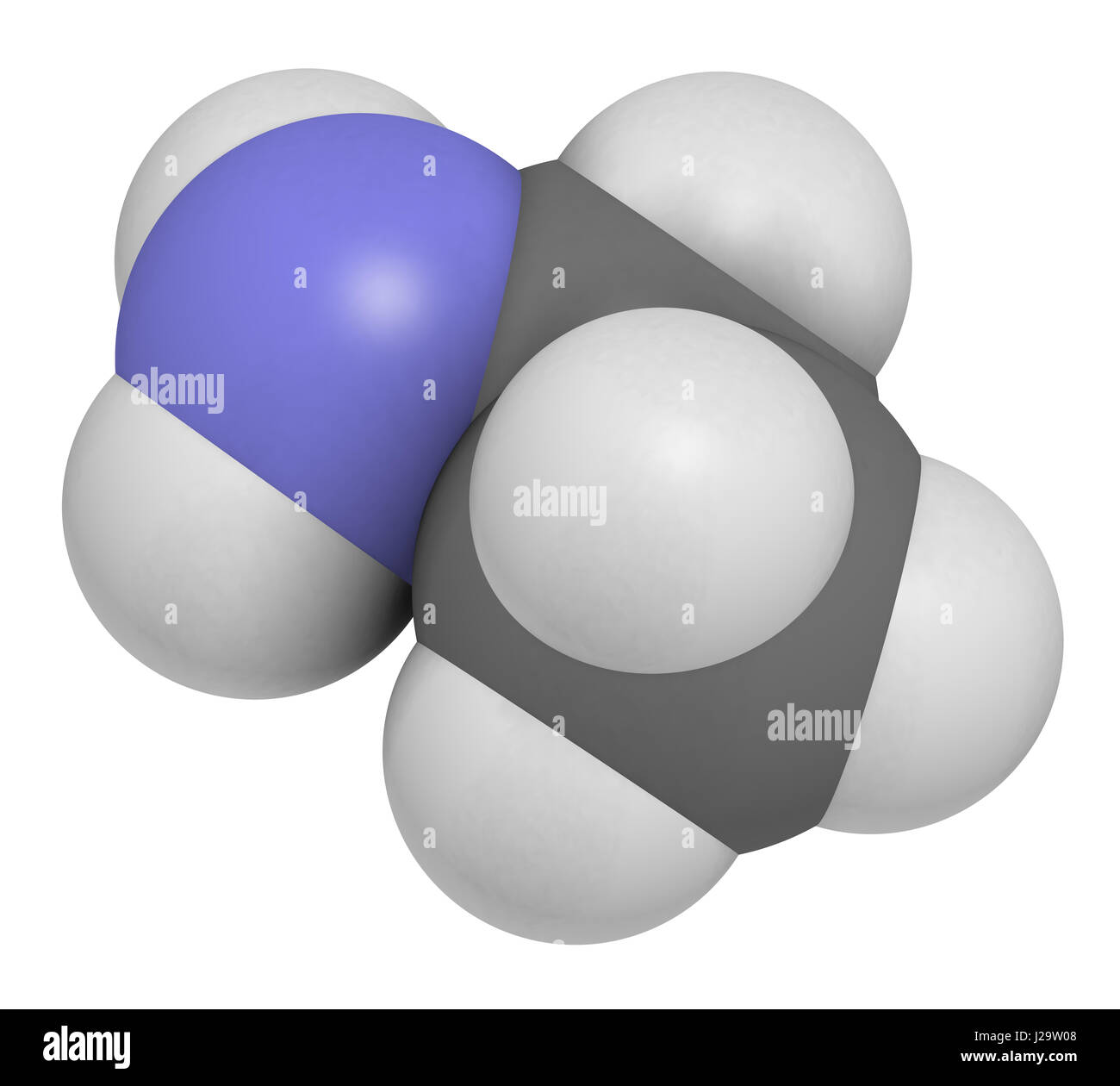 Ethylamine organic base molecule. 3D rendering. Atoms are represented ...