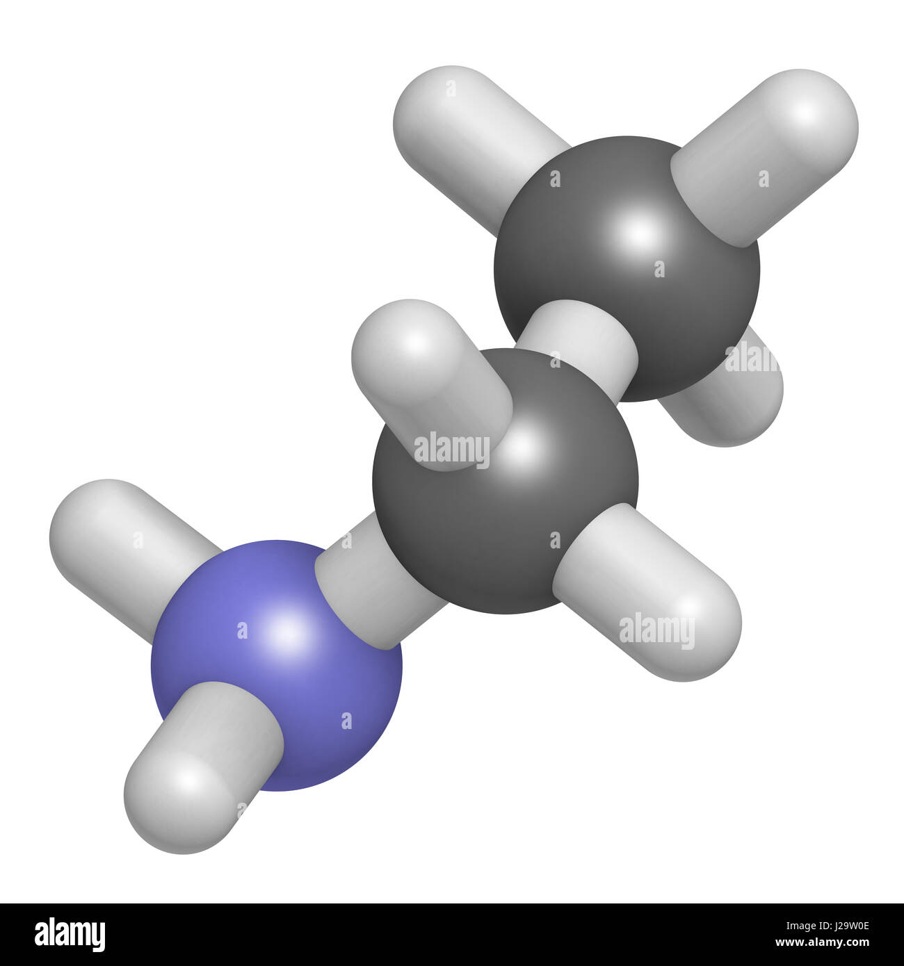Ethylamine organic base molecule. 3D rendering. Atoms are represented ...