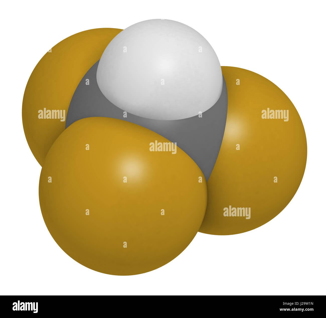 Fluoroform greenhouse gas molecule. 3D rendering. Atoms are represented ...