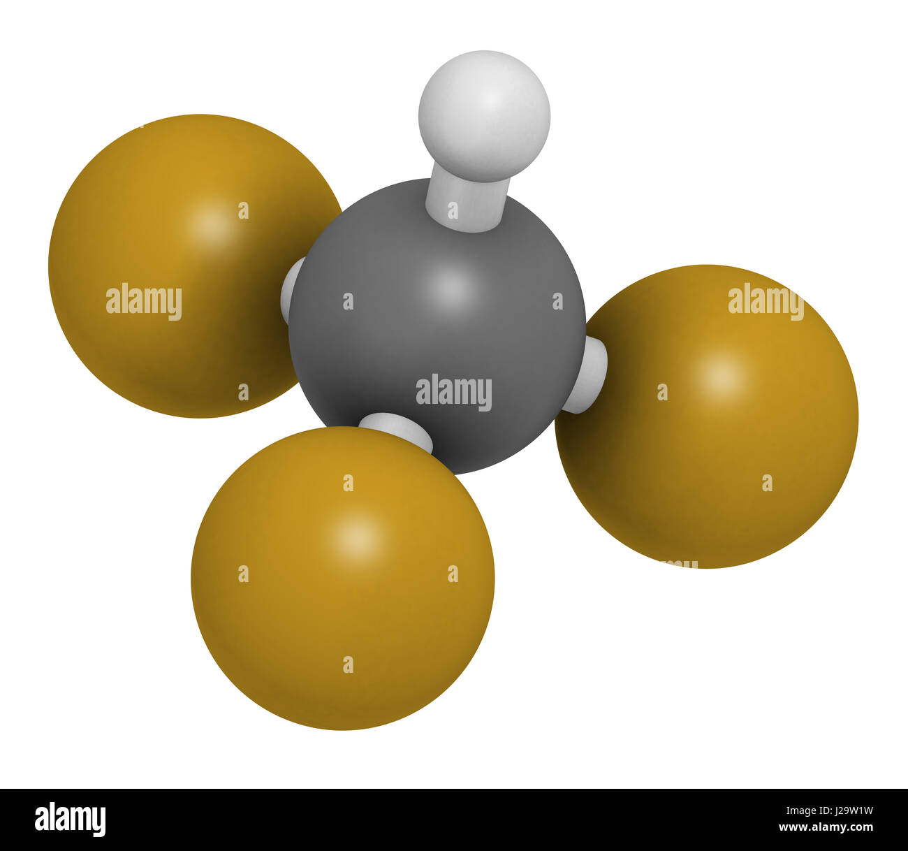 Fluoroform greenhouse gas molecule. 3D rendering. Atoms are represented ...