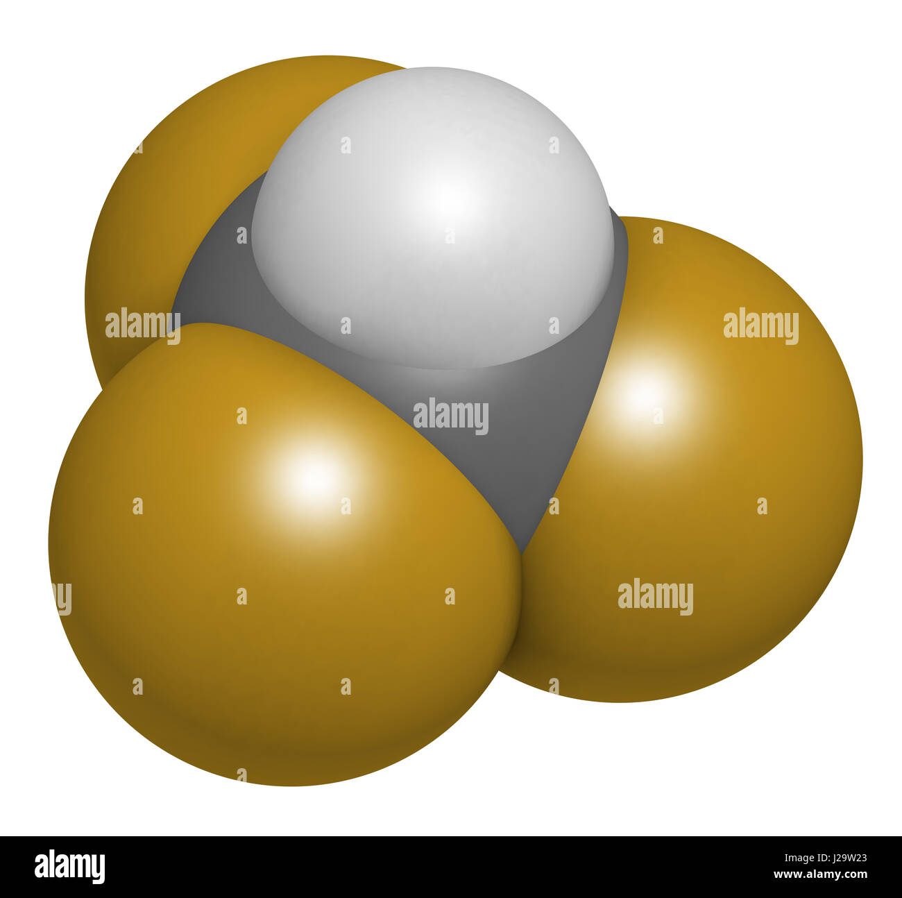 Fluoroform greenhouse gas molecule. 3D rendering. Atoms are represented ...