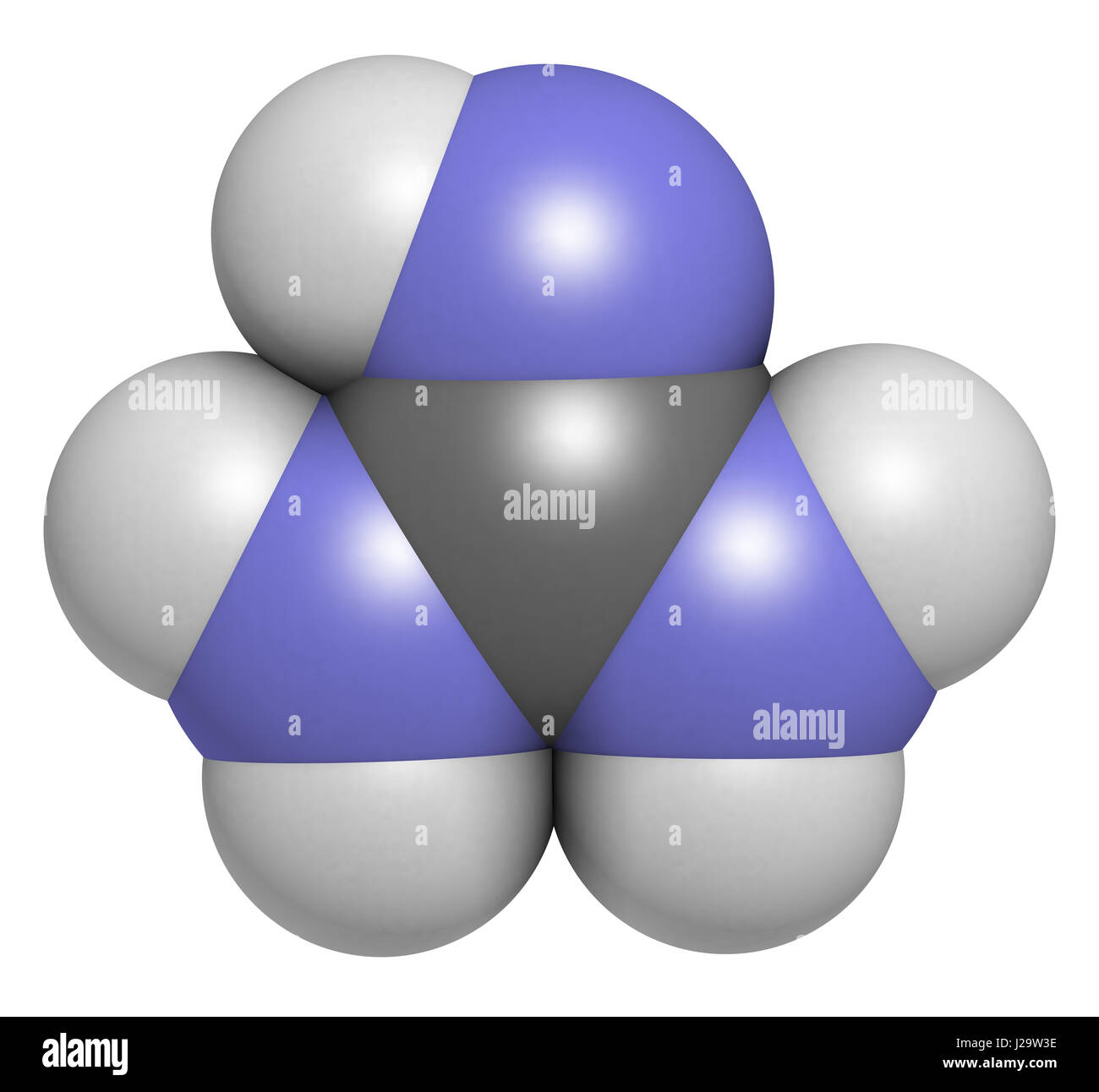 Guanidine molecule. 3D rendering. Atoms are represented as spheres with ...