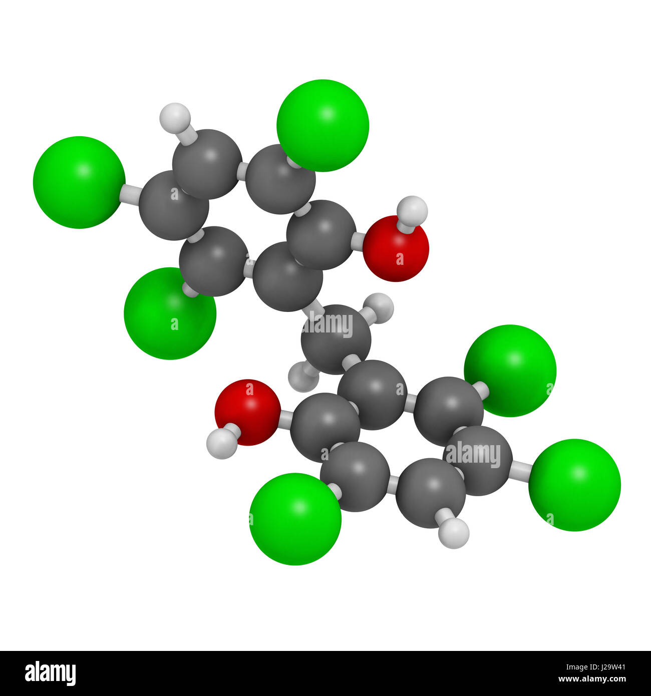 Hexachlorophene disinfectant molecule. 3D rendering. Atoms are ...