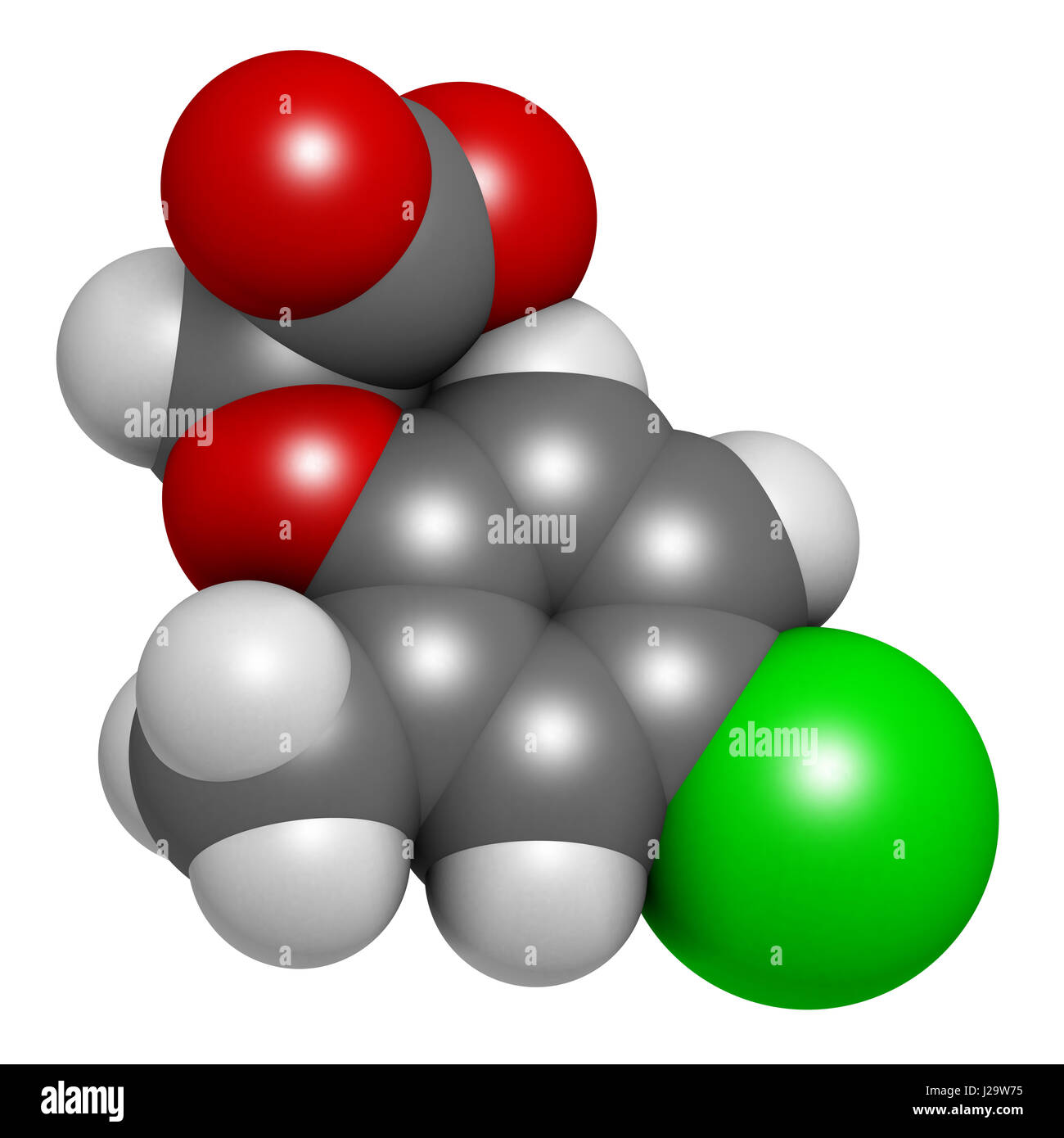 MCPA (2-methyl-4-chlorophenoxyacetic acid) herbicide molecule. 3D ...