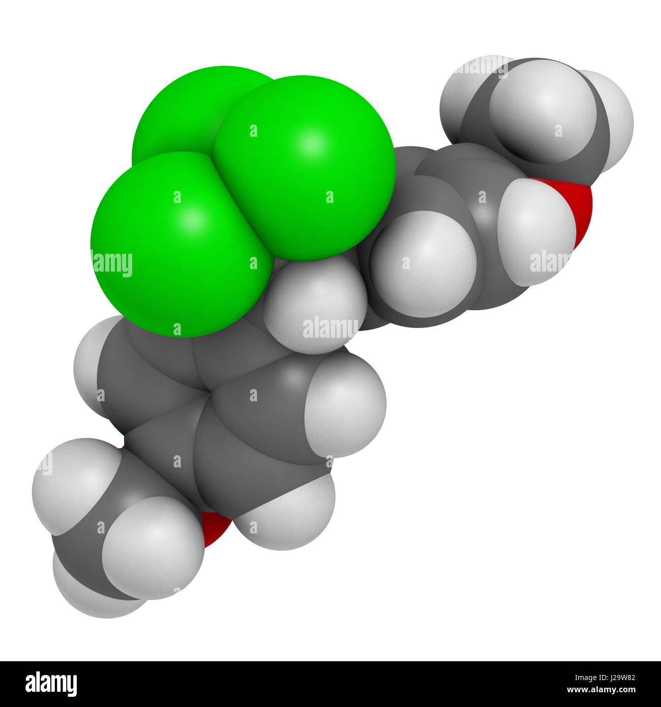 Methoxychlor pesticide molecule. 3D rendering. Atoms are represented as ...