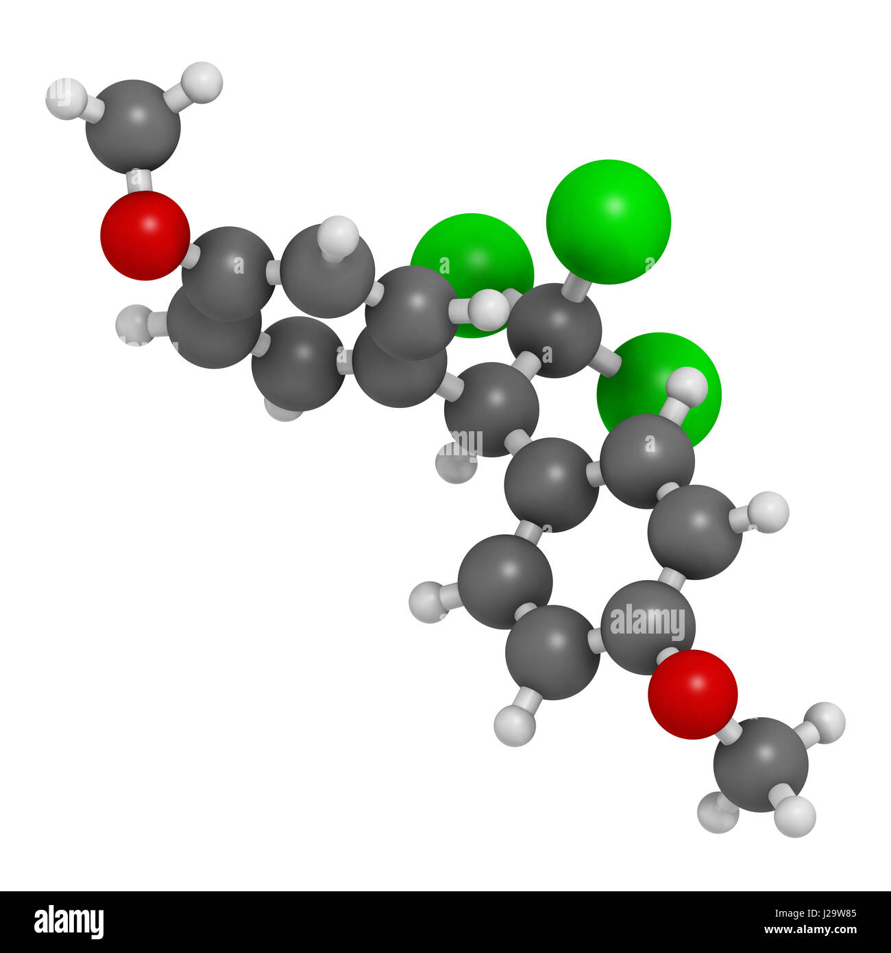 Methoxychlor pesticide molecule. 3D rendering. Atoms are represented as ...