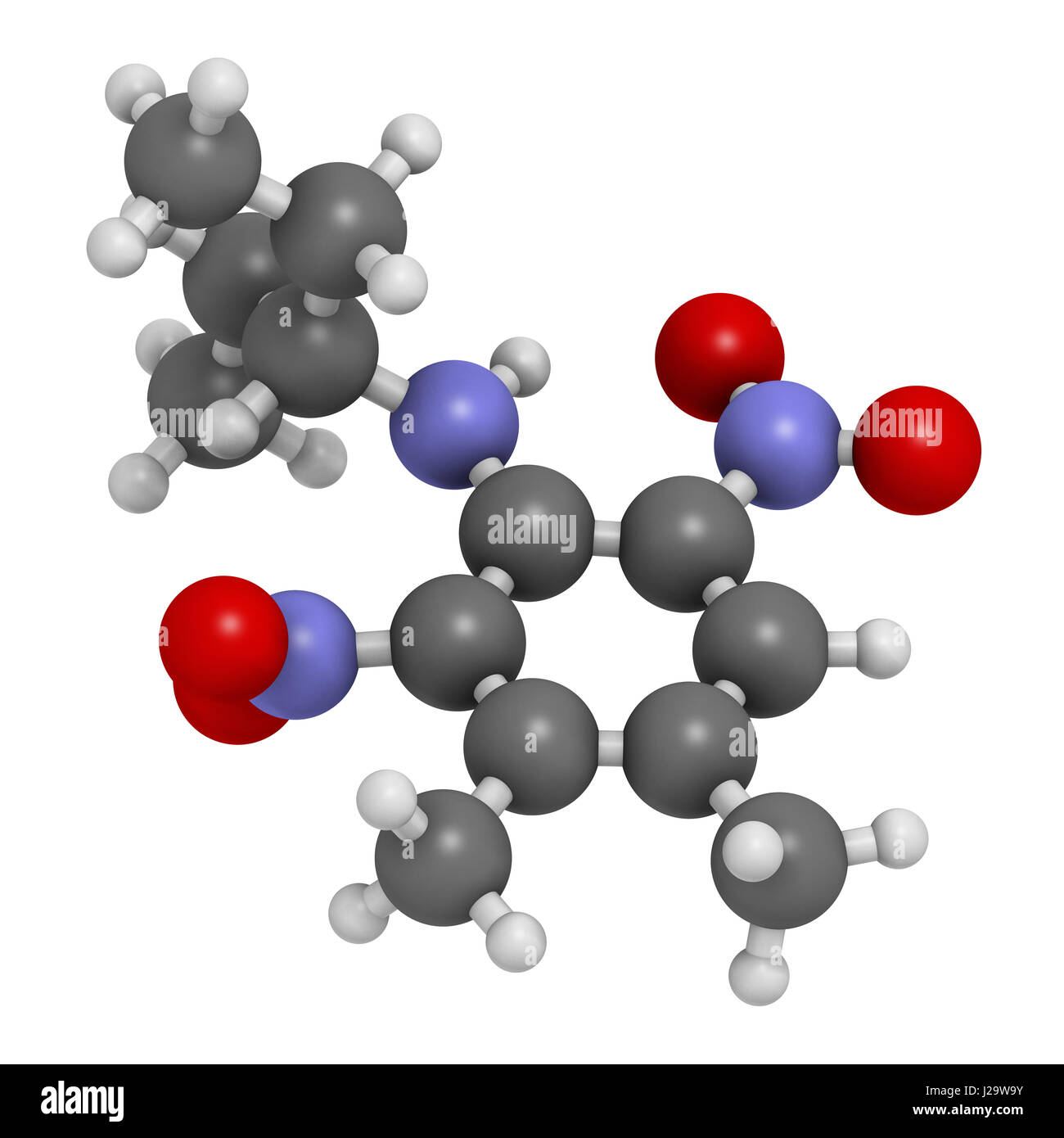 Pendimethalin herbicide molecule. 3D rendering. Atoms are represented ...