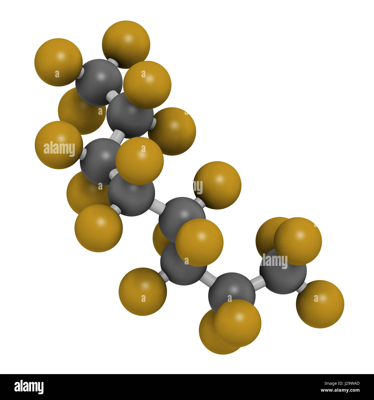Perfluorooctane molecule. 3D rendering. Atoms are represented as ...